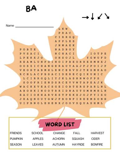 MEDIUM Back to School Fall Wordsearch by Wicked Good Student Study Hall