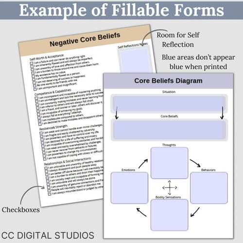 CBT Worksheets for Core Values, Mental Health Workbook, Limiting Beliefs