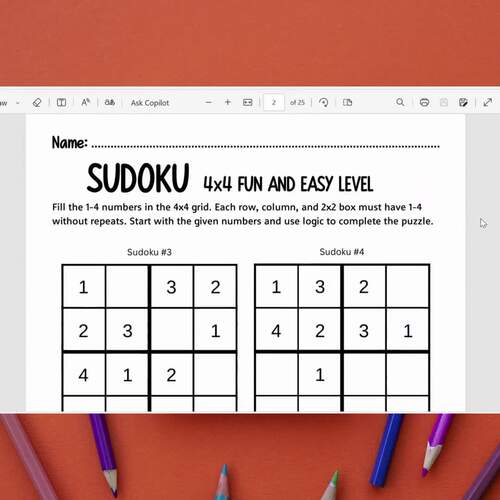 Printable kids Sudoku puzzle 4x4, beginner logic game for homeschool ...