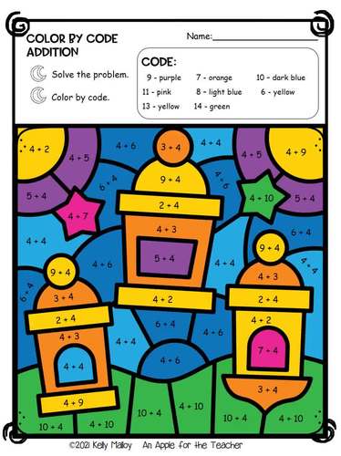 Ramadan Activity Coloring Pages and Worksheets Color by Number Addition