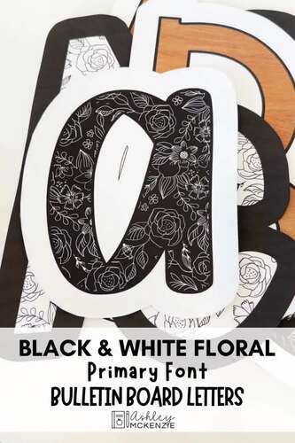 Floral Black and White Primary Font A-Z Bulletin Board Letters, Numbers