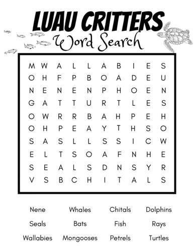 Luau Critters Word Search with Hawaiian Animals by Ladybug Lane Creations