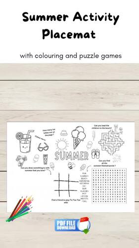 Summer Activity Sheet, Vacation Coloring Page, Kids Printable Placemat,
