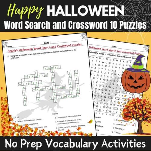 Spanish Halloween Word Search and Crossword 10 Puzzles Noche de Brujas ...