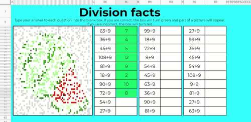 9s DIVISION Pixel Art Math Digital Mystery Pictures Google Sheets