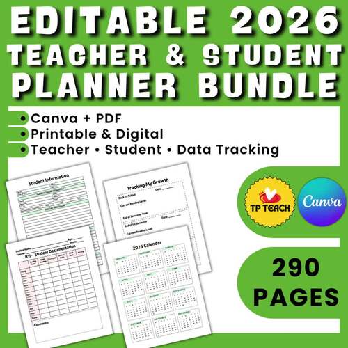 Editable 2026 Teacher & Student Planner BUNDLE | Canva Planners & Data ...