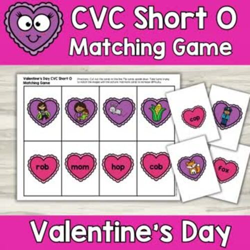 Valentine's Day CVC Short O Matching Game Kinder 1st 2nd grade Center ...