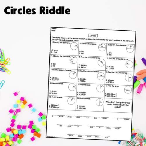 Circles Calculating Circumference and Area Riddle Activity NO PREP 7th ...