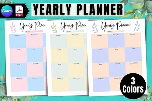 Printable Yearly Planner on One Page, Yearly Overview, A4/A5/Letter/Half