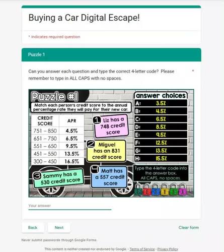 Buying a Car Digital Math Escape Room Financial Literacy Activity