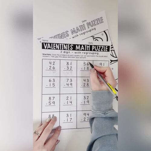 Valentines Math 2 digit Addition Subtraction Puzzles for 2nd Grade