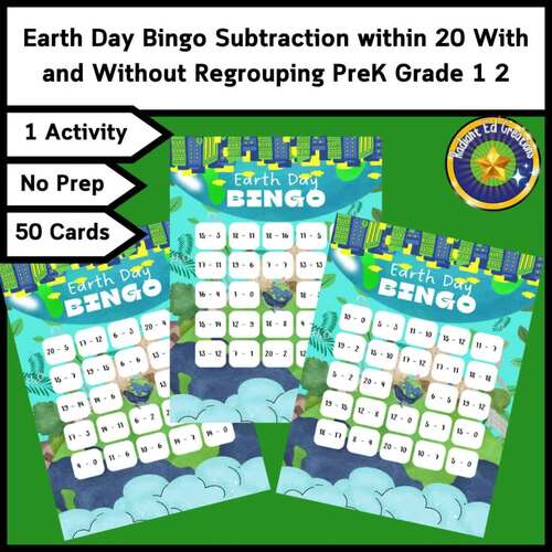 Earth Day 20 Subtraction Bingo Math Fact Game Logic Puzzle Regroup ...