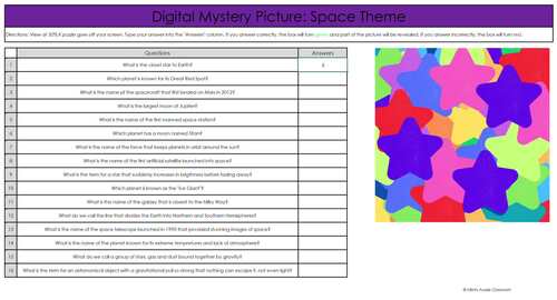 Digital Excel Mystery Picture for Grade 6 | Science Space Theme (Self ...