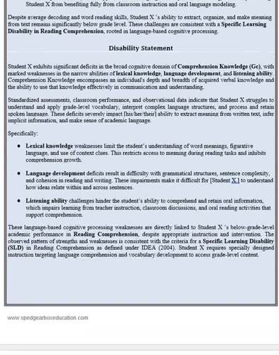 DISABILITY AND IMPACT STATEMENTS: READING COMPREHENSION SKILLS (SLD)