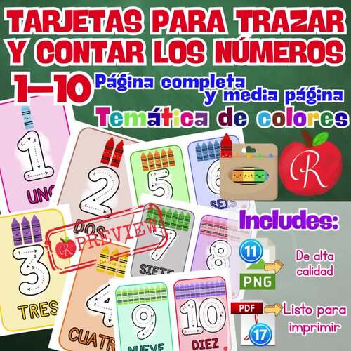 Tarjetas | Números 1 al 10 | Trazo-Escritura | Temática Colores ...