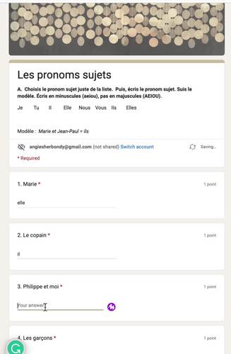 French Subject Pronouns Les pronoms sujets Printable and Digital Tests