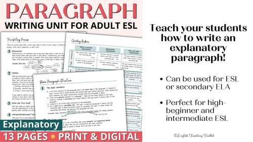 Adult ESL Paragraph Writing Practice with Worksheets & Rubric - Explanatory