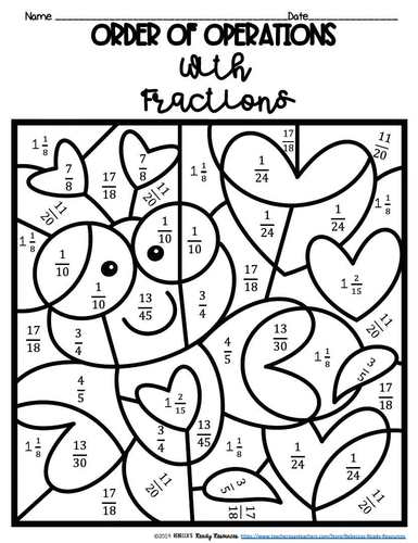 Valentine's Day Order of Operations with Fractions Color by Number Freebie