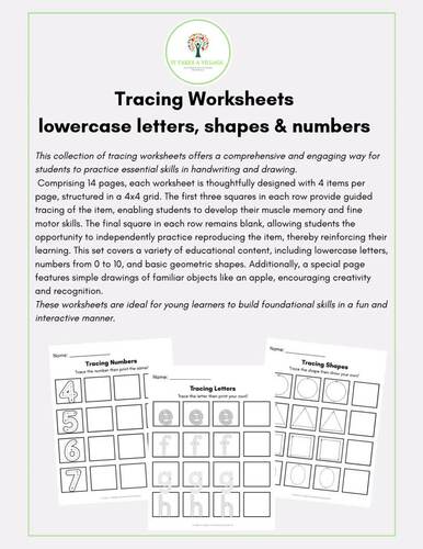 Tracing worksheets (lowercase letters, numbers & shapes) (ABLLS-R aligned)