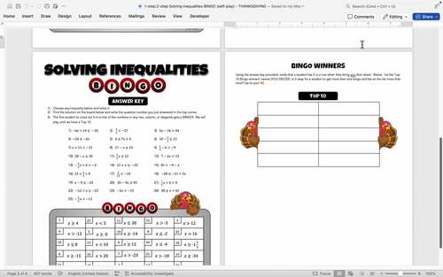 7th Grade Math Thanksgiving Worksheet Activity: BINGO (Solving ...