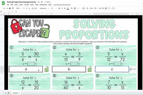 Solving Proportions Self-Checking Digital Escape Activity by Math With ...