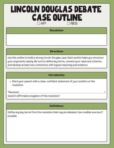 Lincoln-Douglas Debate Case Outline Worksheet | LD Case Builder for Aff ...