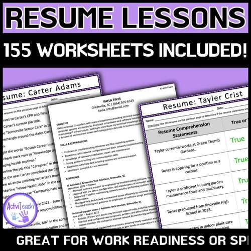 Resume Lesson Resume Worksheets Resume Writing Reading Comprehension ...