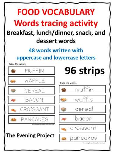 Tracing strips-Food vocabulary breakfast, lunch/dinner, snack, dessert