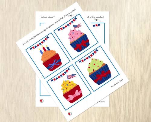 4th of July Matching Game, Summer Puzzles, USA Independence Day, Cupcakes