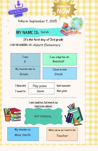 First Day of School All About Me Worksheet Back to School Activity 3rd ...