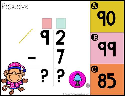 Restar números de 1 y 2 dígitos en español DIGITAL Subtraction in ...