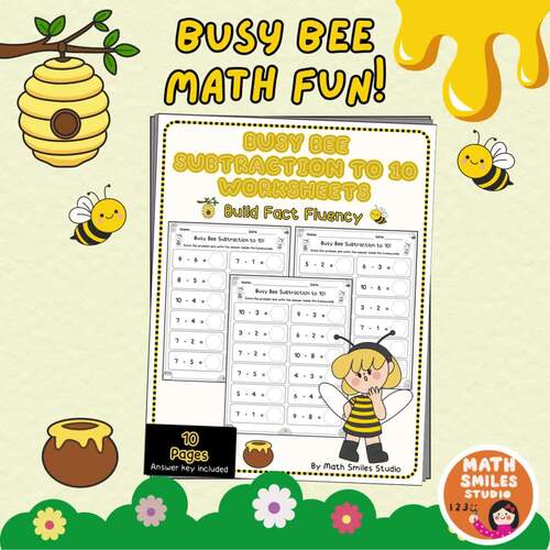 Busy Bee Subtraction to 10 Worksheets | Fact Fluency | Kindergarten ...