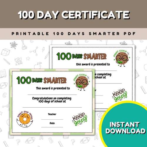 100 Days Smarter Certificate, 100th Day of School Certificate Printable ...