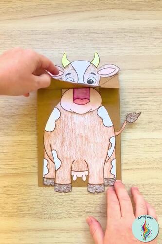 Cow Paper Bag Puppet Craft Template, Farm Animal Color, Cut and Paste ...
