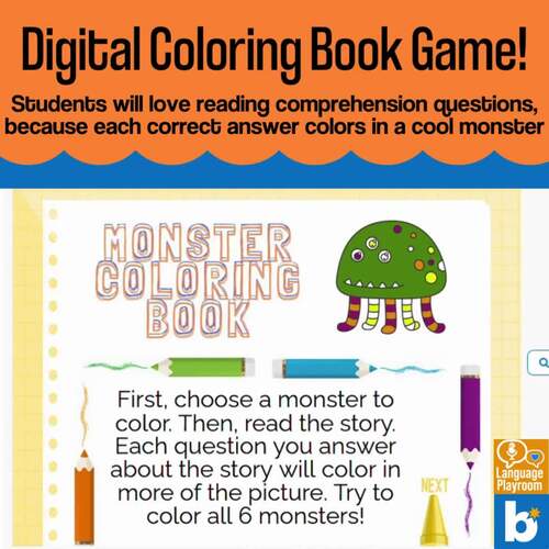 Reading Comprehension Monster Coloring Book BOOM CARDS Game | TPT