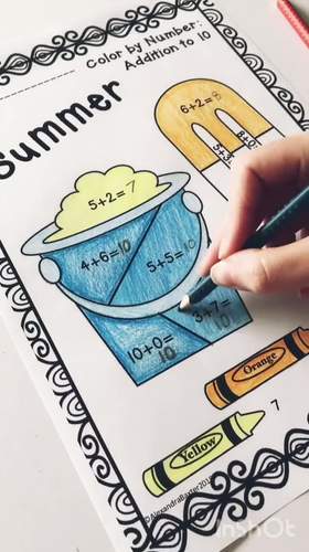 Summer Color by Addition Worksheets | Summer School Math | TPT