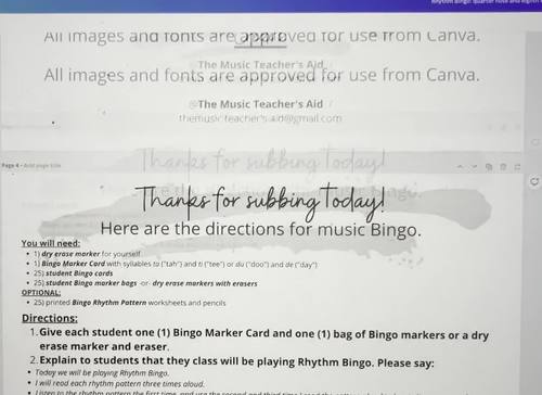 Music Rhythm Bingo w/sub plan (stick notation qtr./eighth pair) B/W