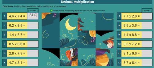 Halloween Witch Decimal Multiplication Block Mystery Reveal | TPT