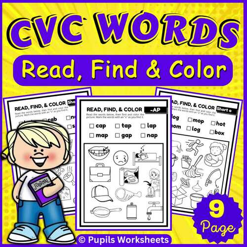 CVC words Worksheets I Read, Find and Color Worksheets Short Vowel ...