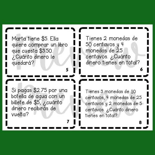 Tarjetas de problemas de dinero Money Word Problems Task Cards in Spanish
