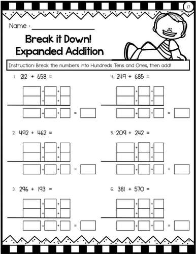 Break Apart Expanded Form 3 Digit Addition with Regrouping Worksheets & Key