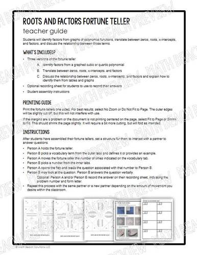 Roots and Factors Fortune Teller Activity by Math Beach Solutions