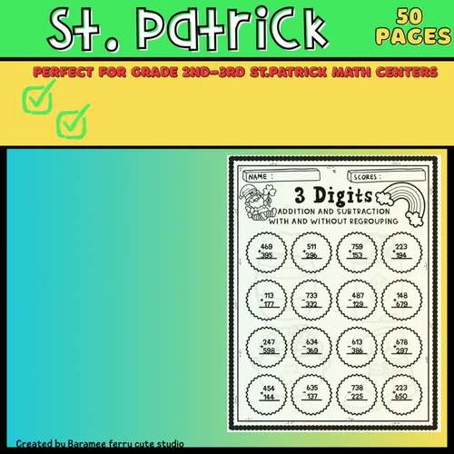 3 Digit Addition and Subtraction St Patrick's Day Math Mental Math Practice