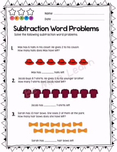 Addition and Subtraction Word Problems for K-Grade 1 (with answers)