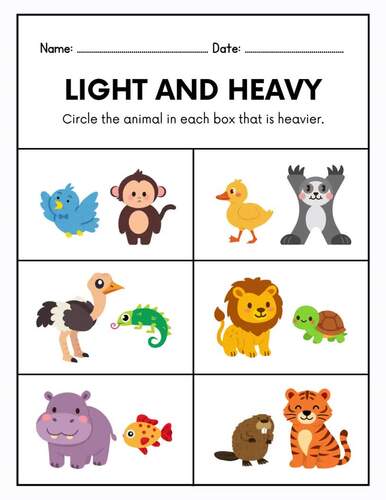 Heavy and Light Weight Comparison Activities (Animals Theme) by TANDPSTUDIO