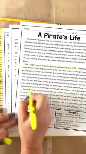 Pirate Reading Passages Comprehension Activity by Think Grow Giggle