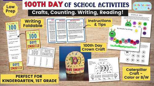 100th Day of School Packet, Counting Mat, Crafts, Crown, Kindergarten ...