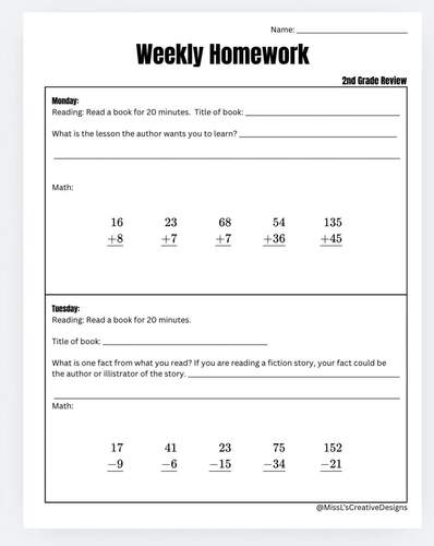 3rd Grade Weekly Homework Spiral Set 2 ELA & Math by Miss L's Creative ...