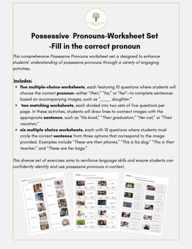 Possessive Pronouns Worksheet set (ABLLS-R aligned C52, G37) | TPT