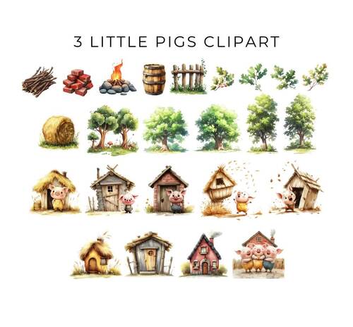Three Little Pigs Clipart, Big Bad Wolf, Cute Piglets, Fairy Tale ...